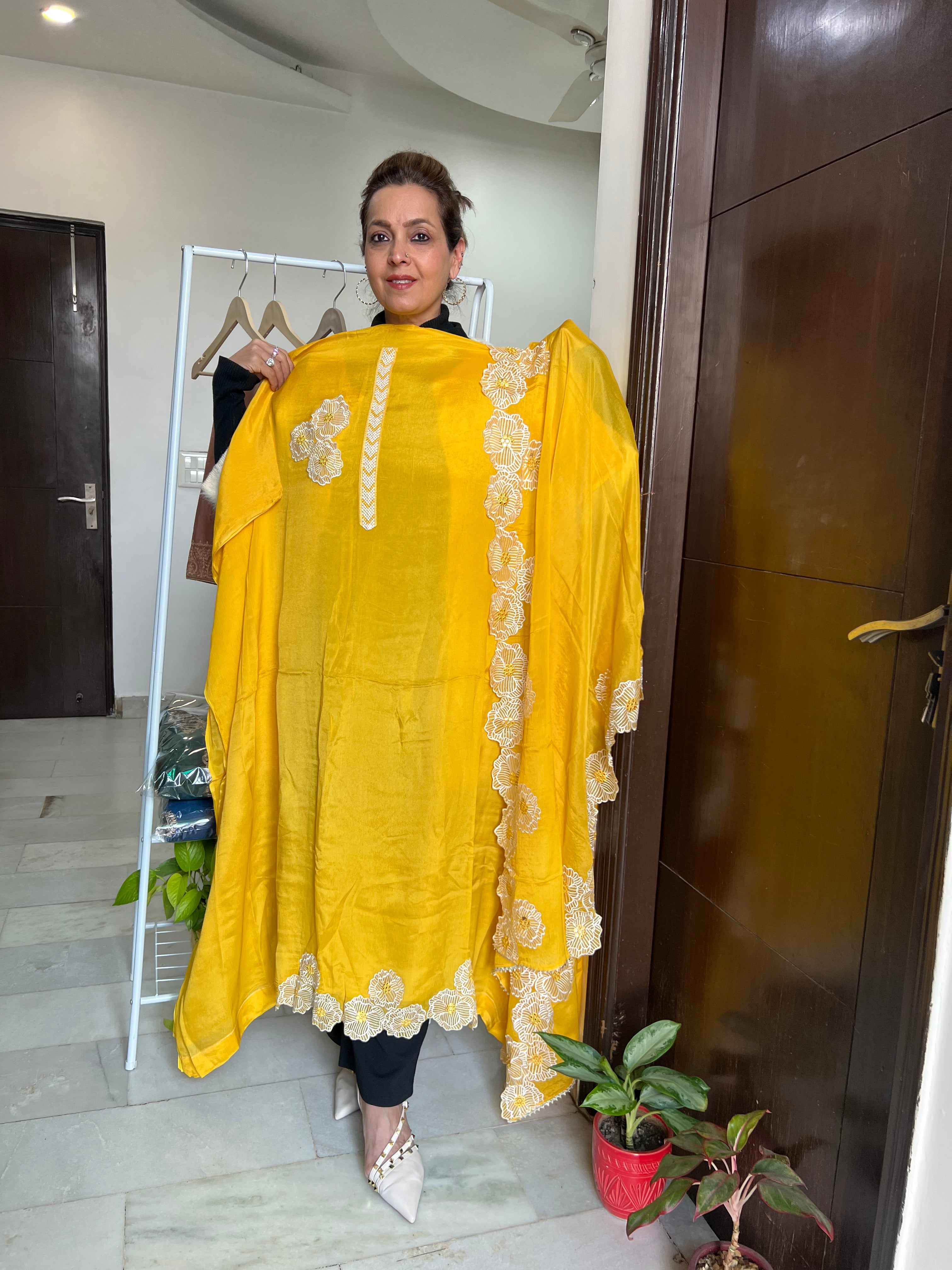 Yellow crepe cutwork suit material – SRISHTI