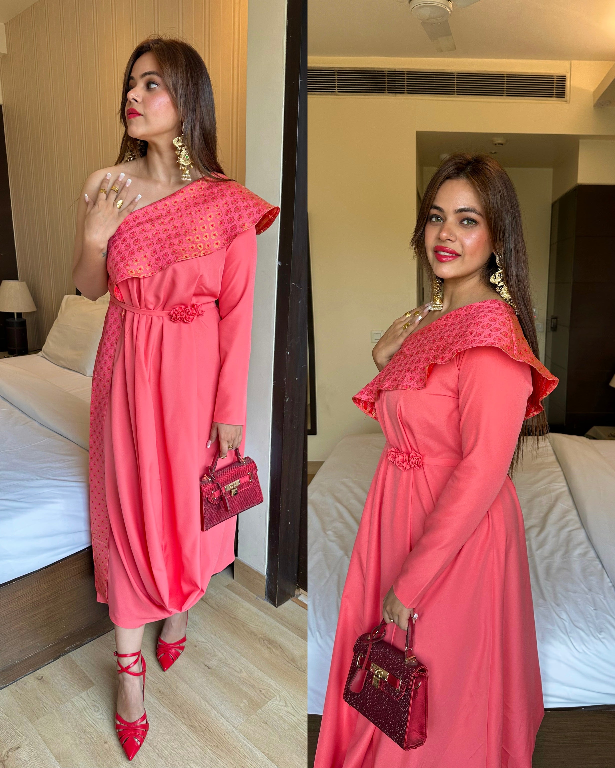 Peach drape silk gown set – SRISHTI