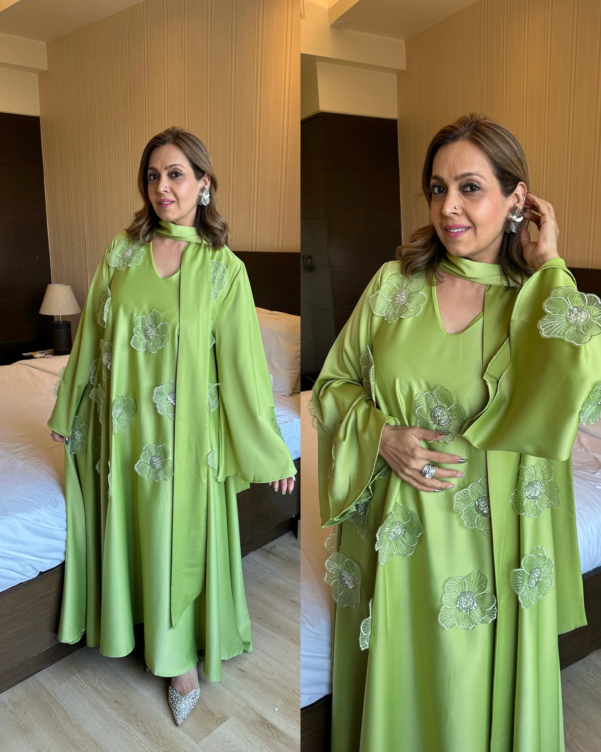Muted green easy fit 3d flower gown – SRISHTI