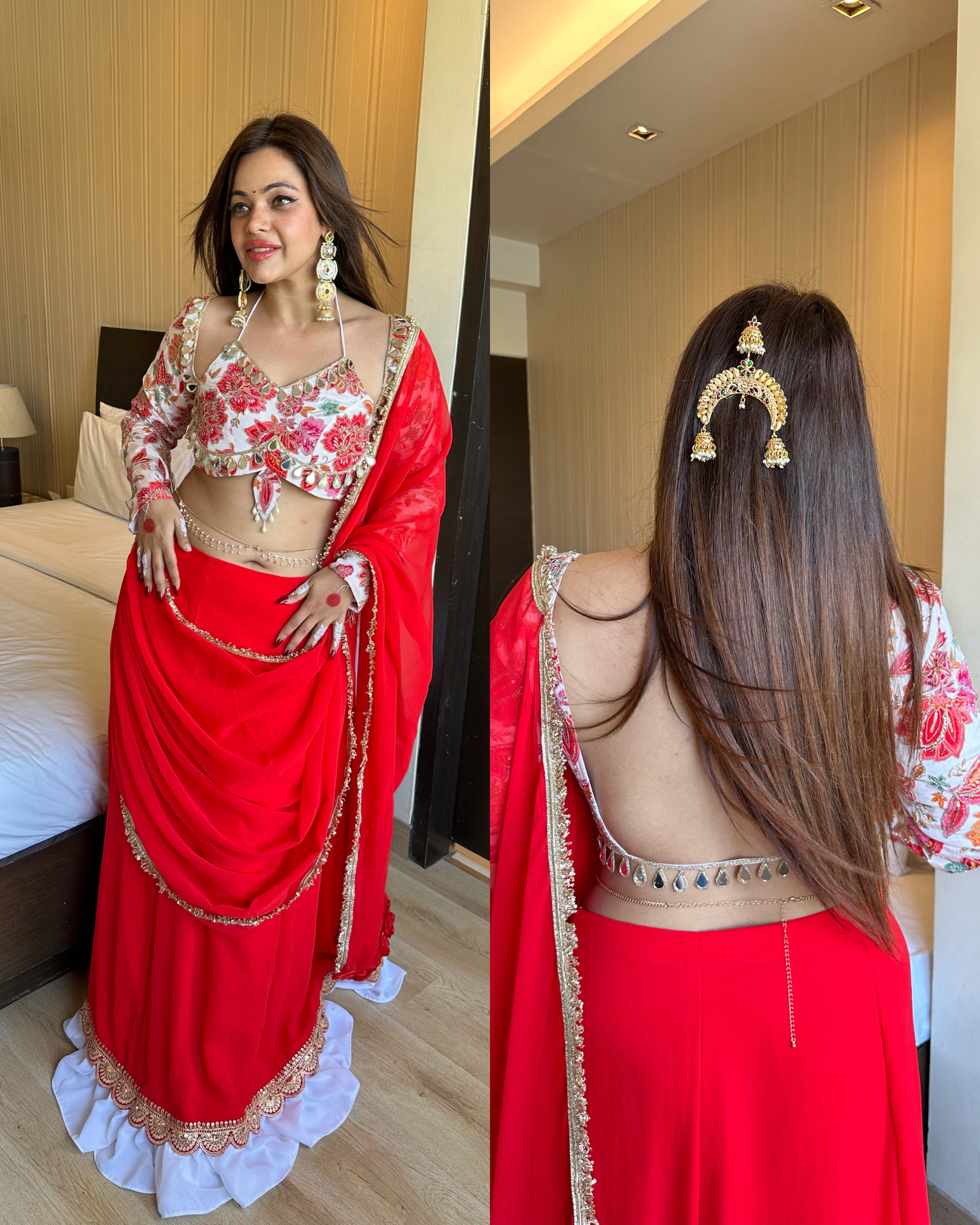 Red white embroidery drape saree gown – SRISHTI