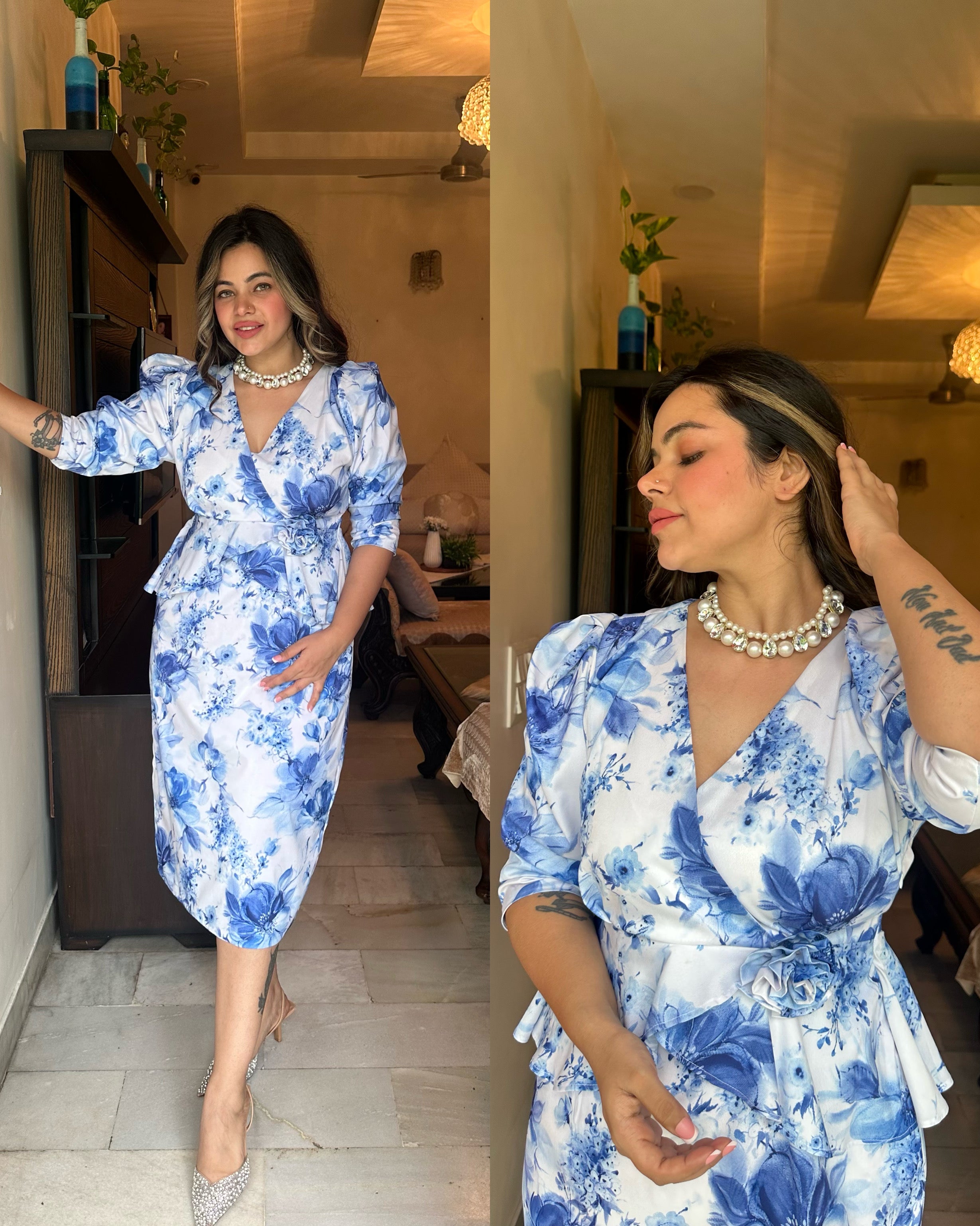 Blue white printed rose dress – SRISHTI