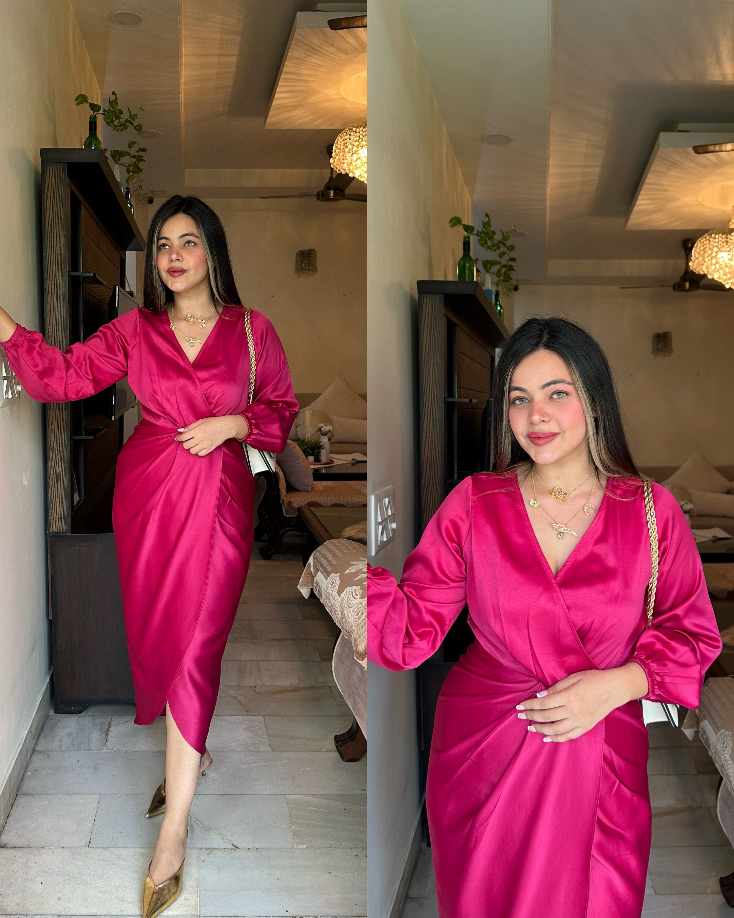 Rani pink drape dress with v neck – SRISHTI