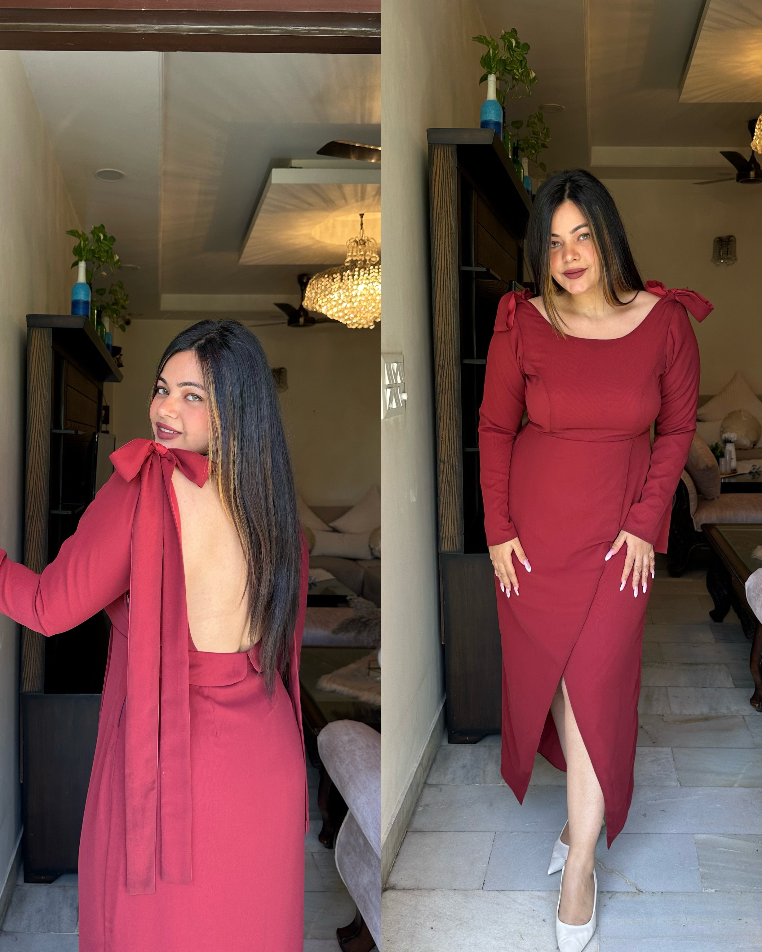 Maroon shoulder bow dress – SRISHTI