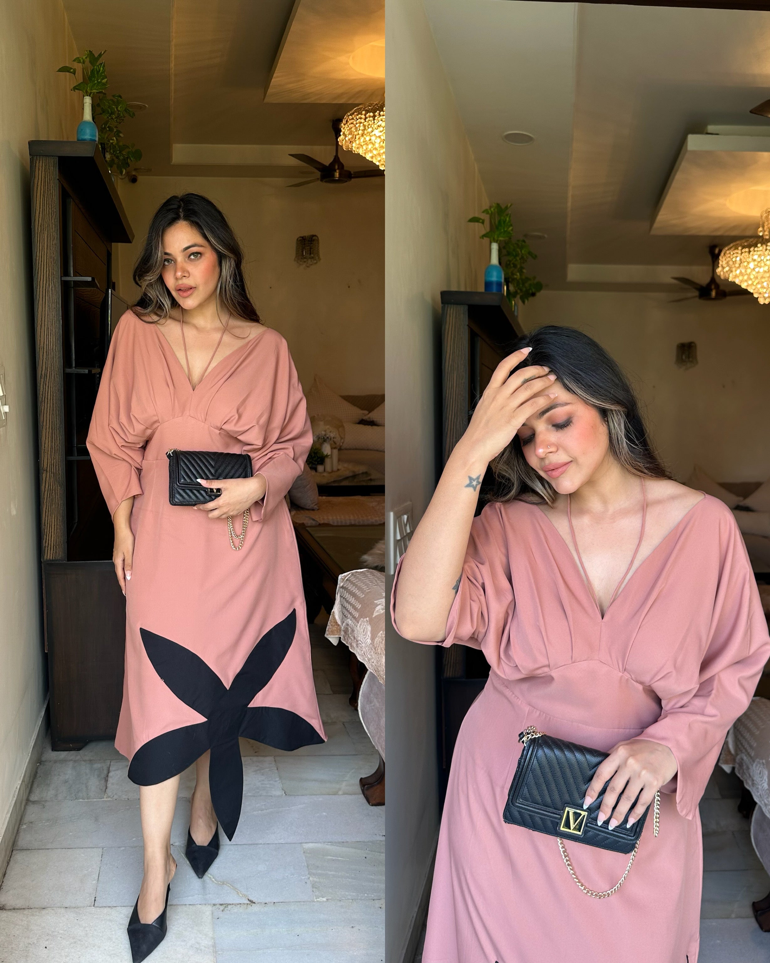 Peachy nude black flower patch dress – SRISHTI