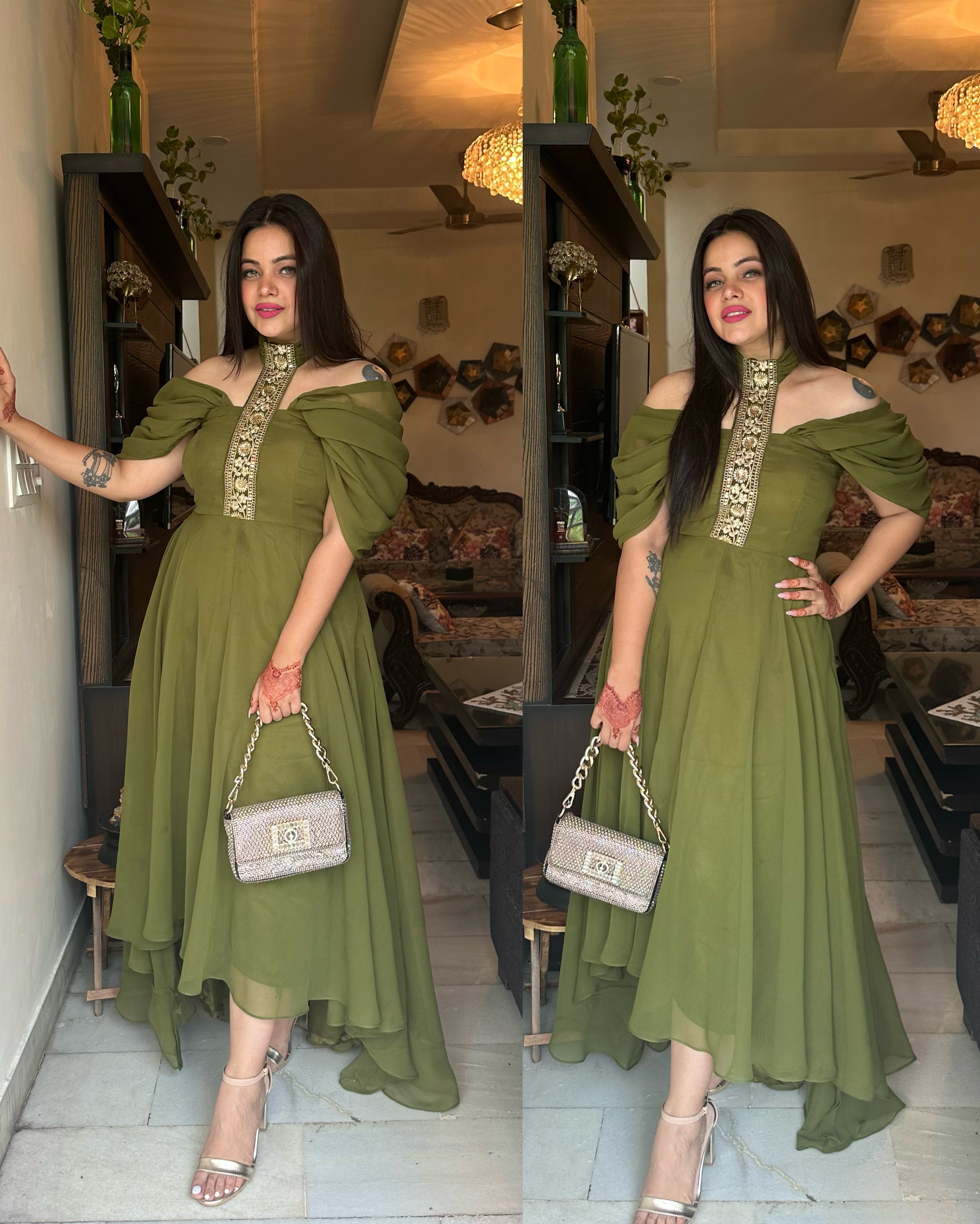 Mehendi green asymmetrical gown – SRISHTI