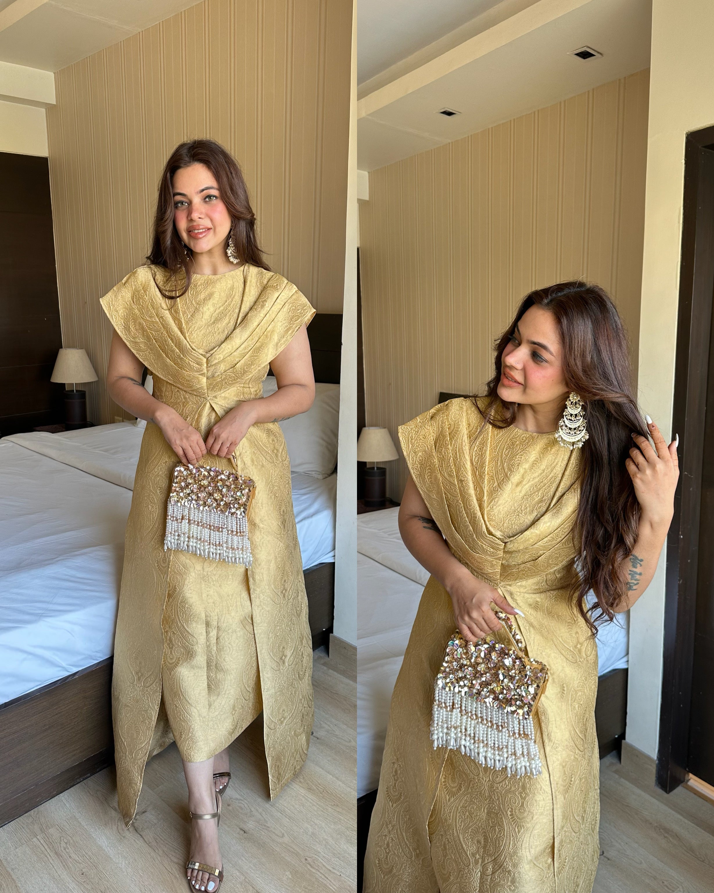 Golden silk structed formal dress – SRISHTI