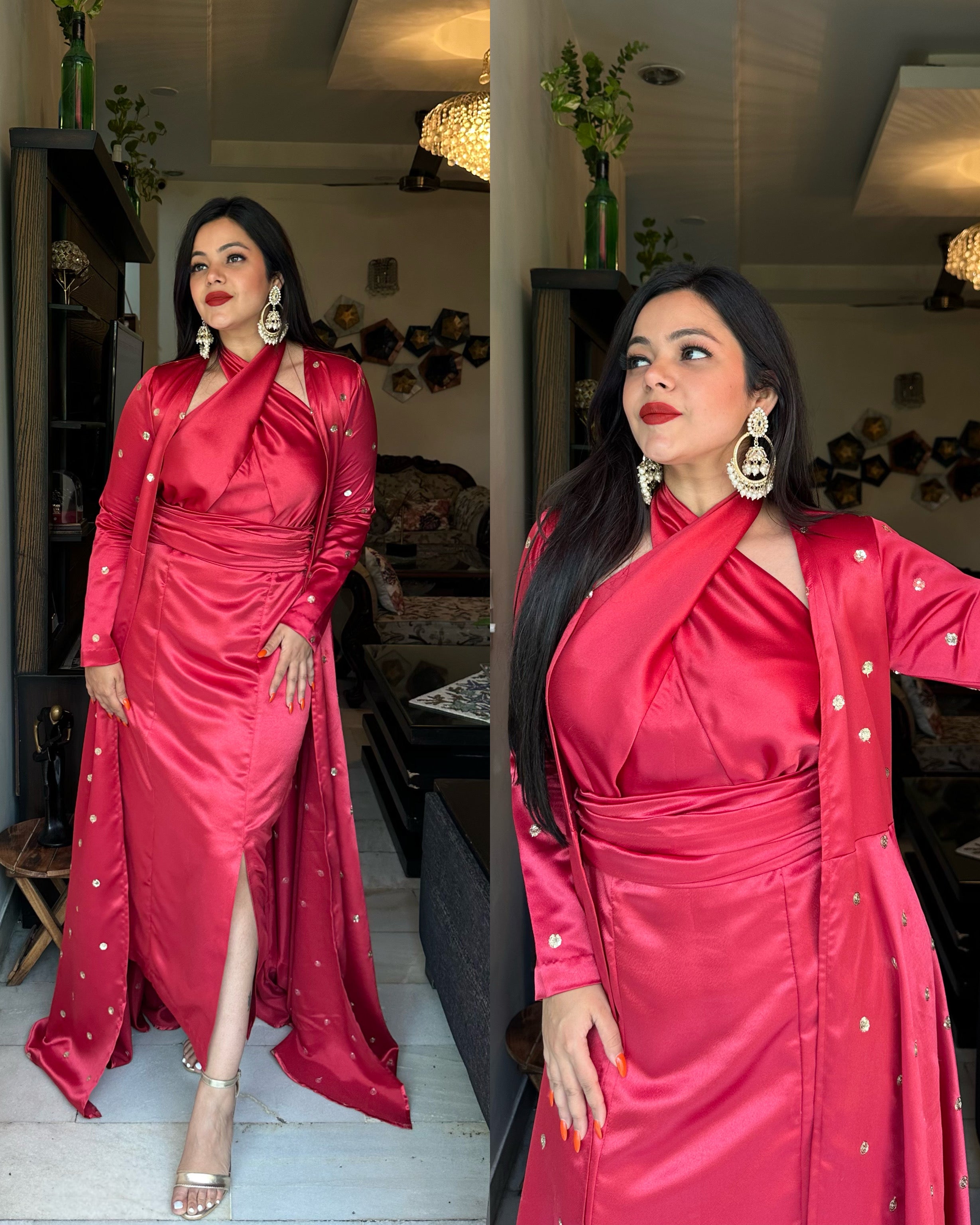 Maroonish red satin set – SRISHTI