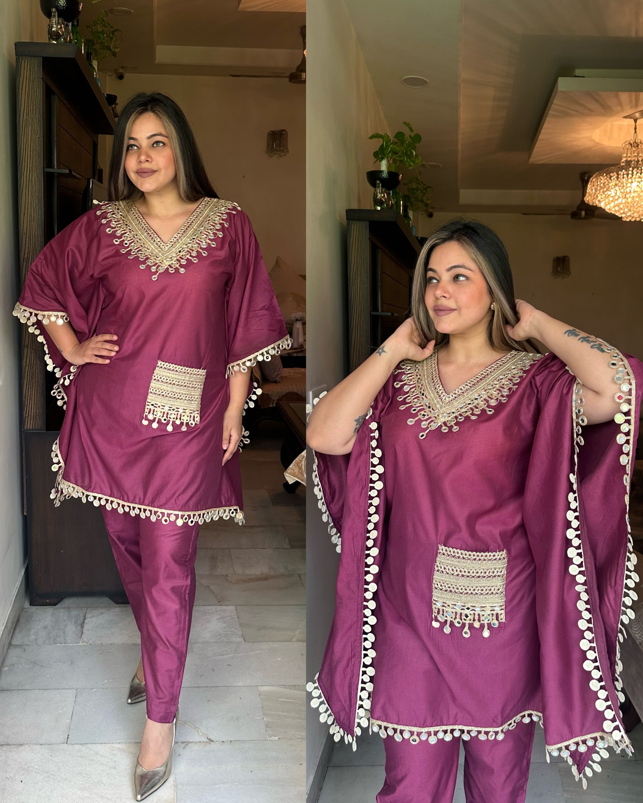 Wine mirror embroidered kaftan set – SRISHTI
