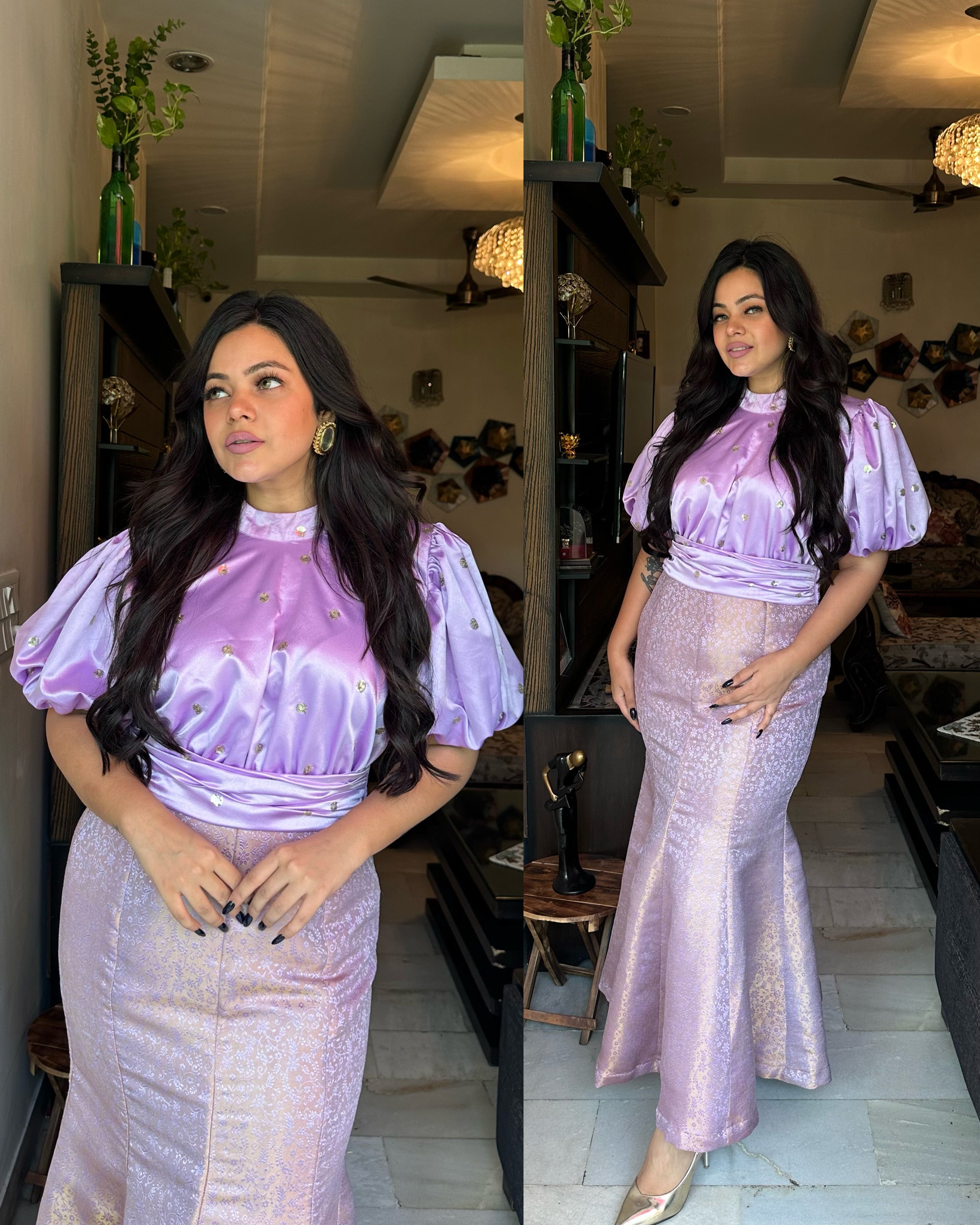 Purple satin silk fish cut gown – SRISHTI