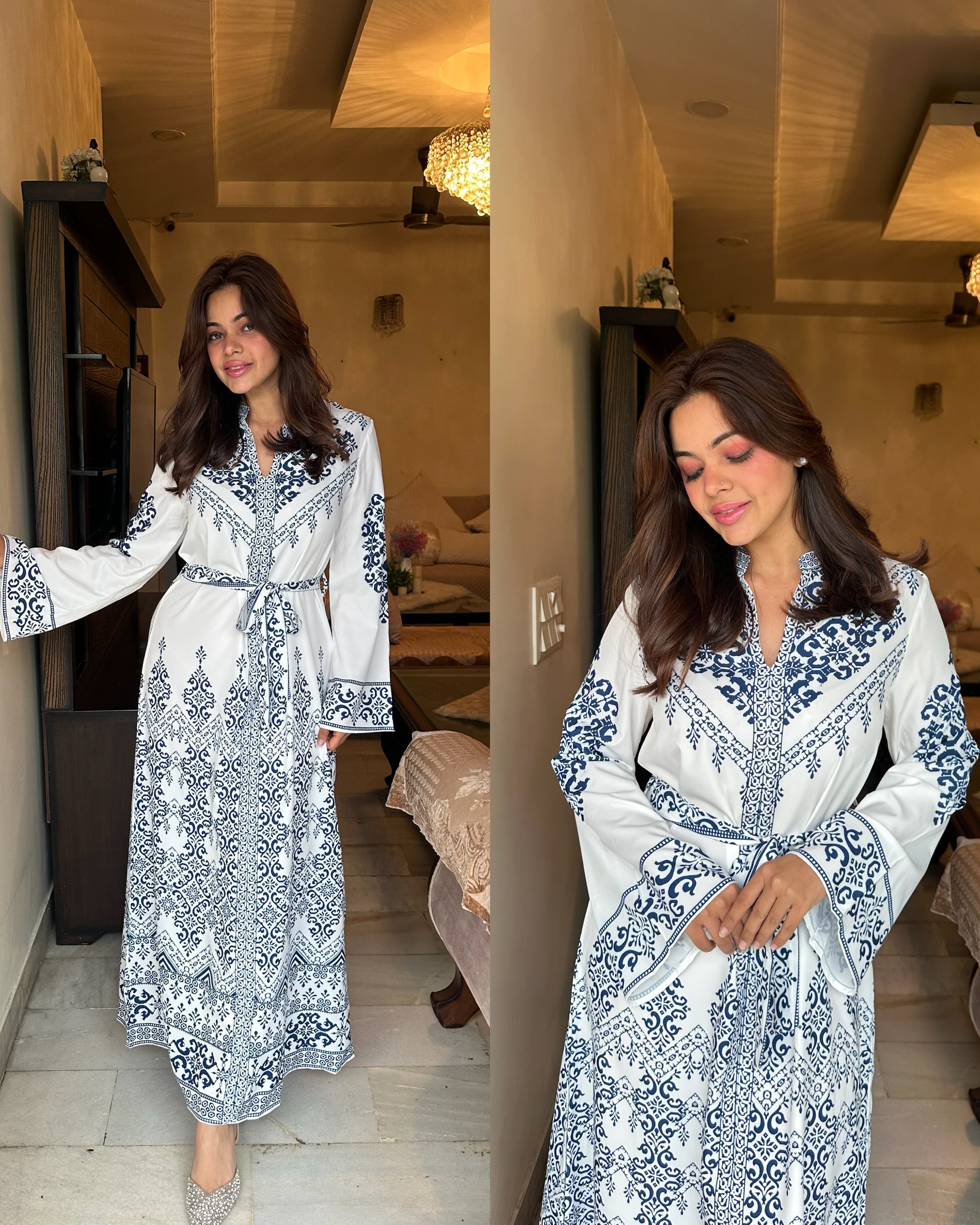 Blue white printed a line dress – SRISHTI