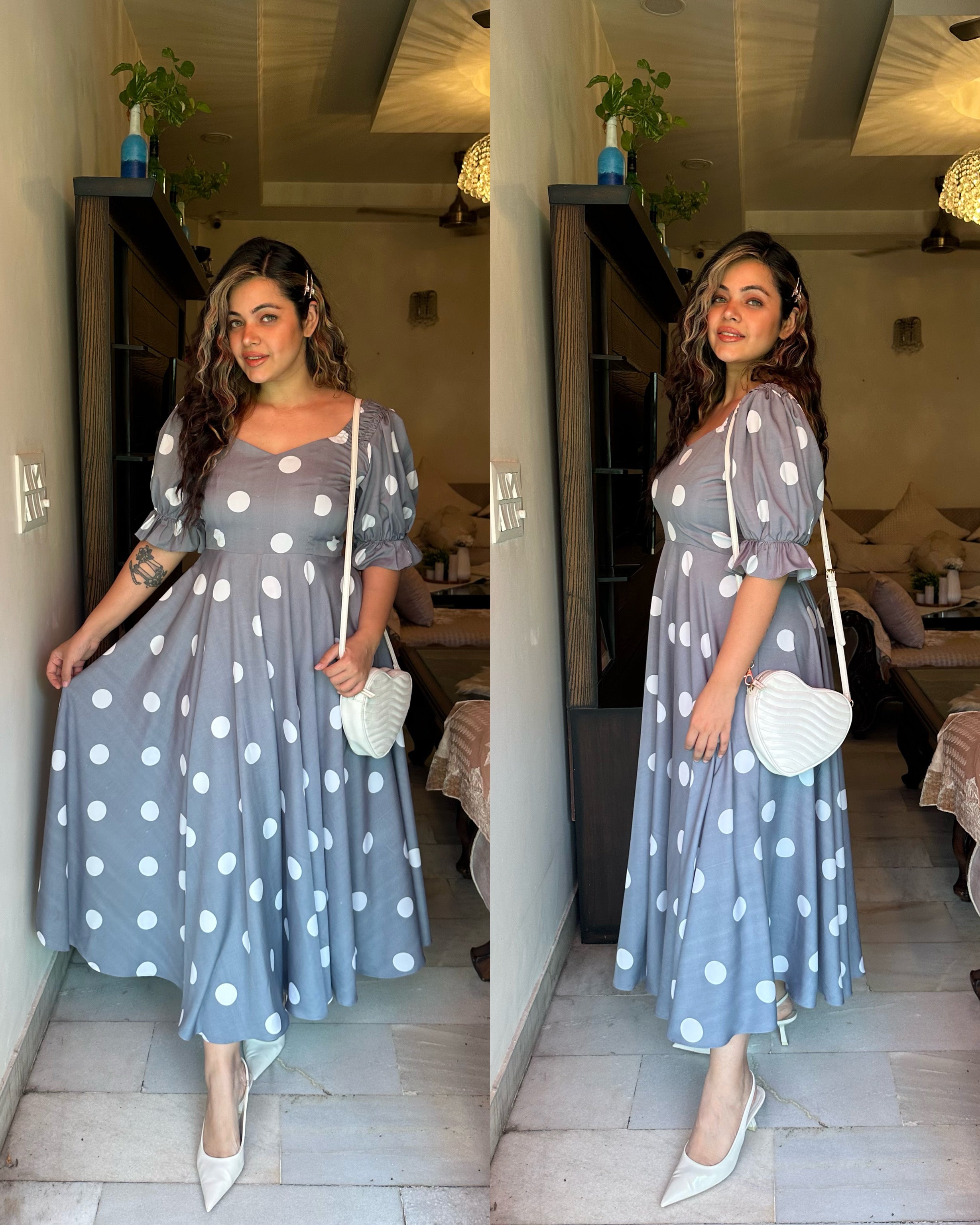 Grey polka flared dress – SRISHTI