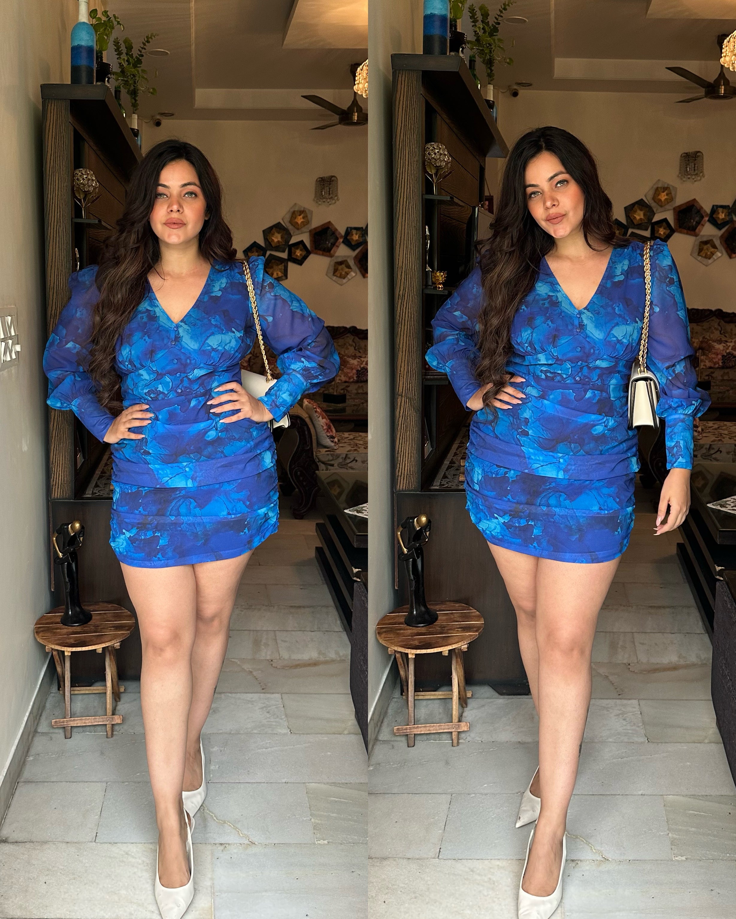Blue printed drape short dress – SRISHTI