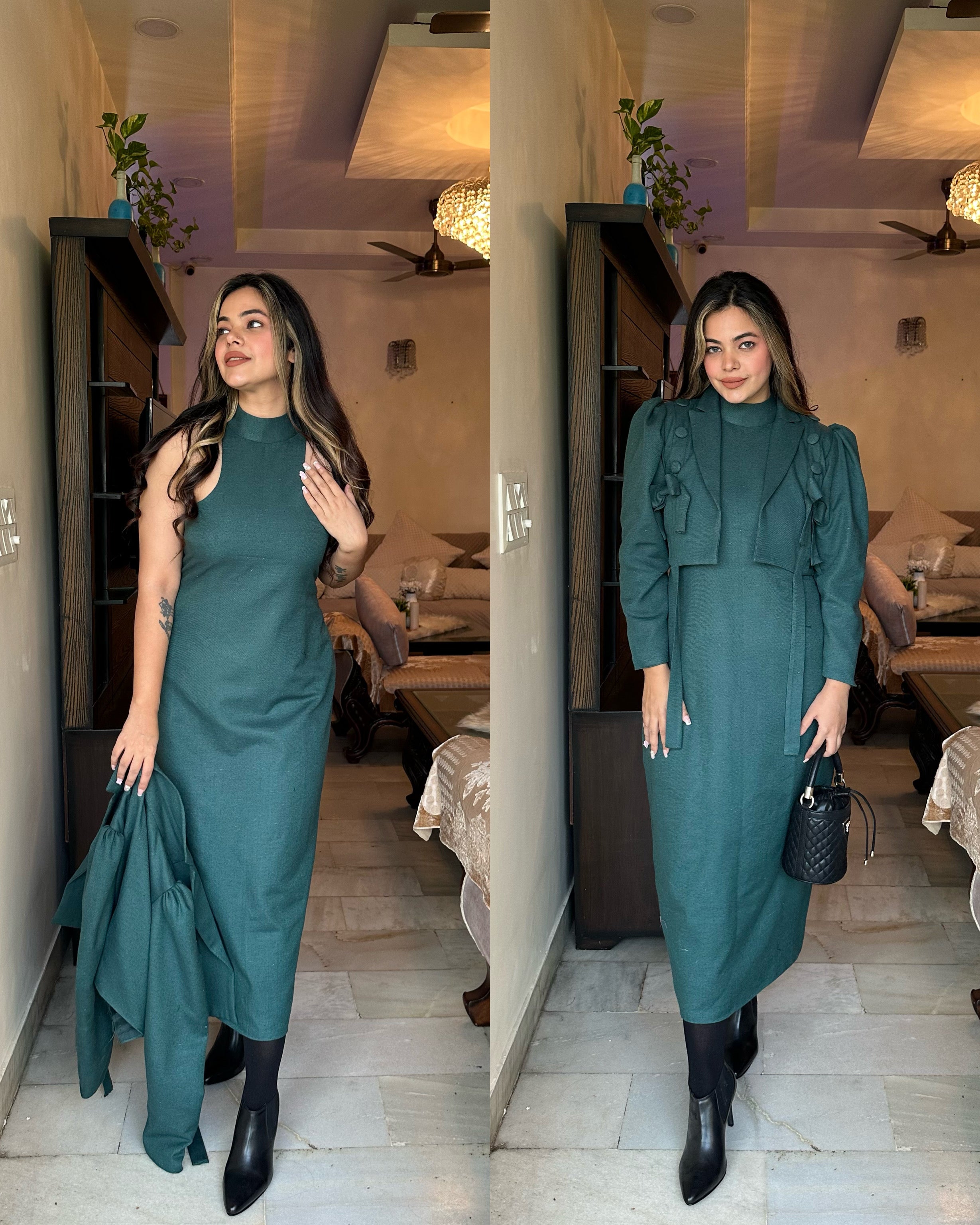 Green woollen short jacket set – SRISHTI