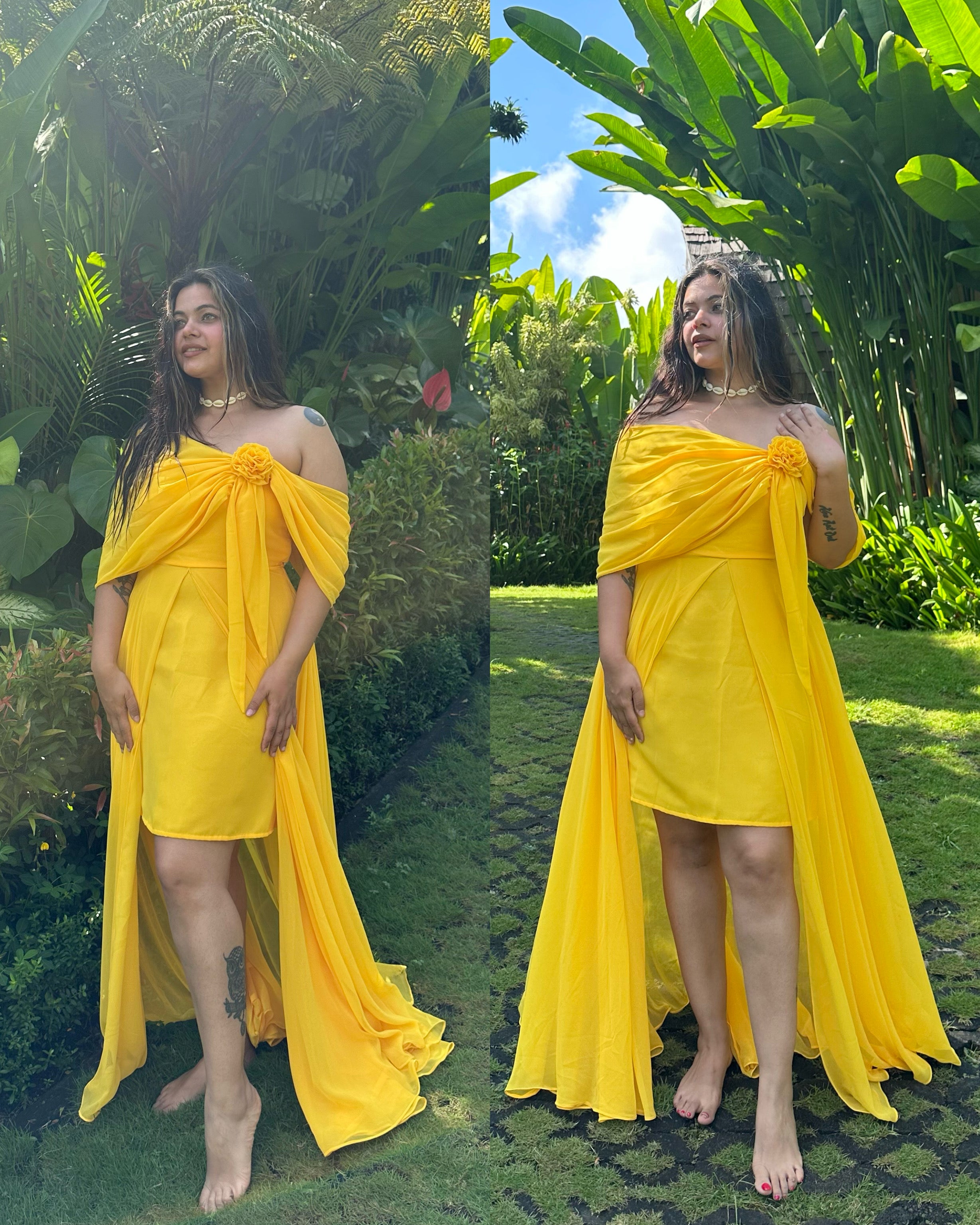 Yellow resort wear rose gown – SRISHTI