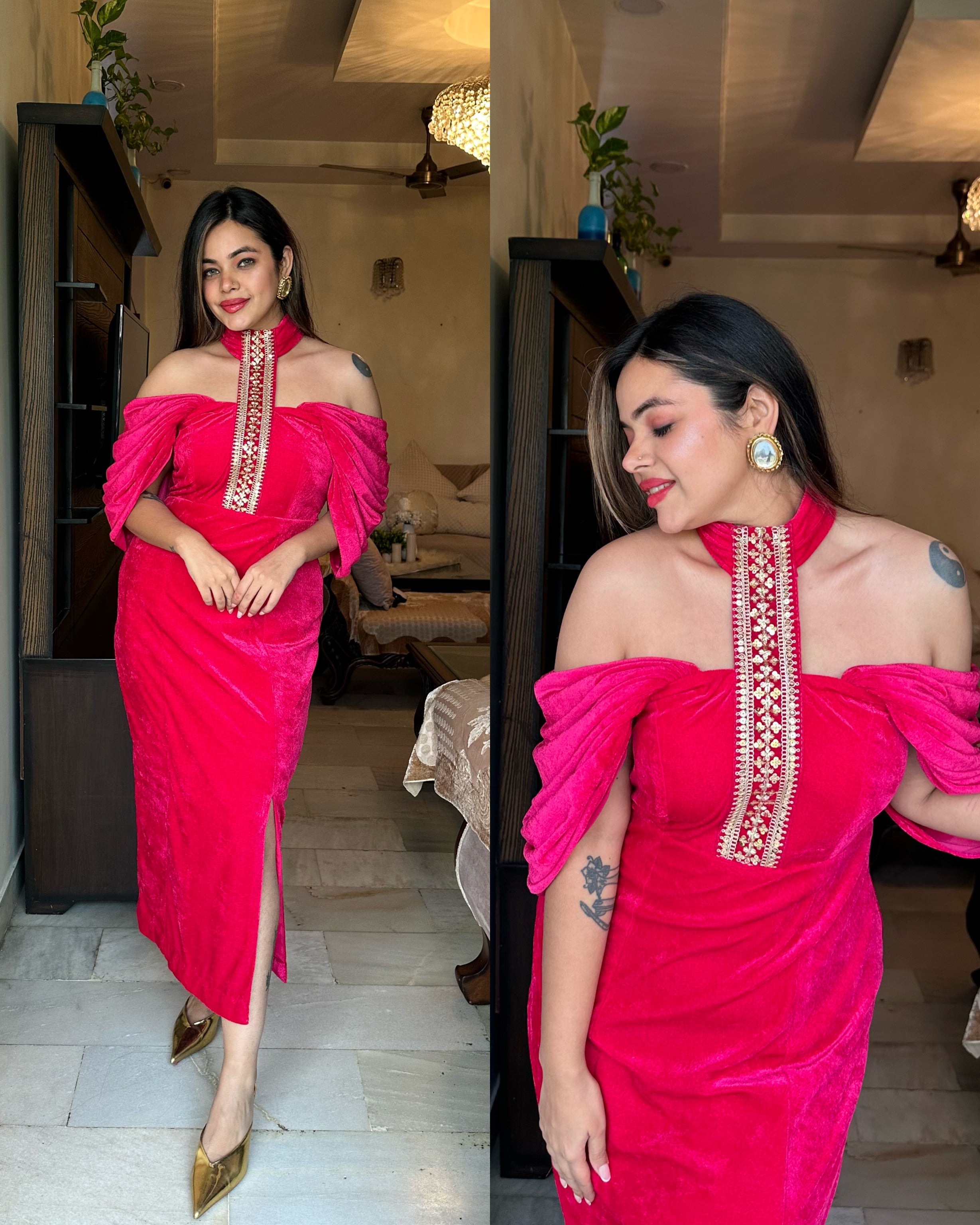 Magenta velvet lace border dress – SRISHTI