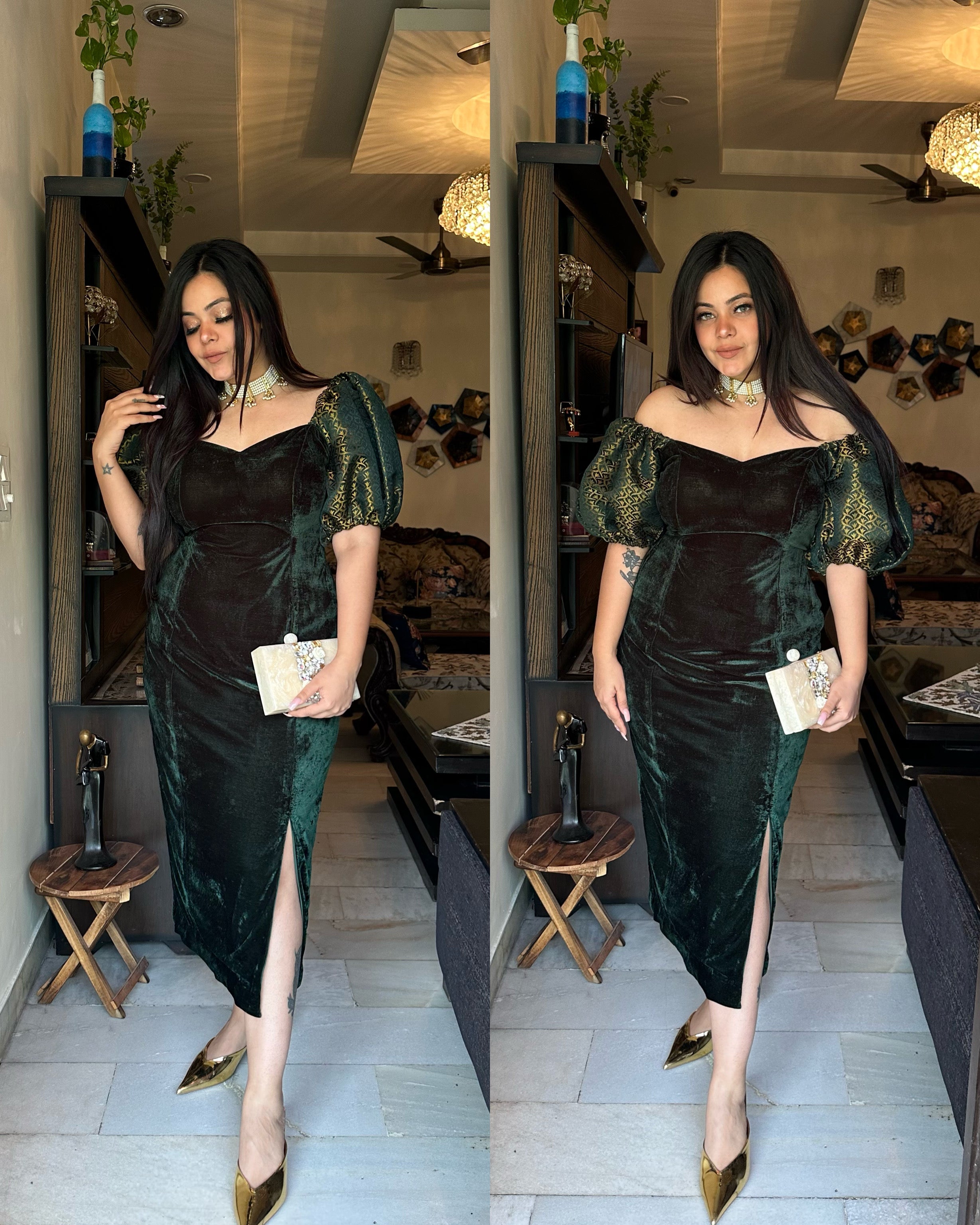 Bottle green velvet backless dress – SRISHTI