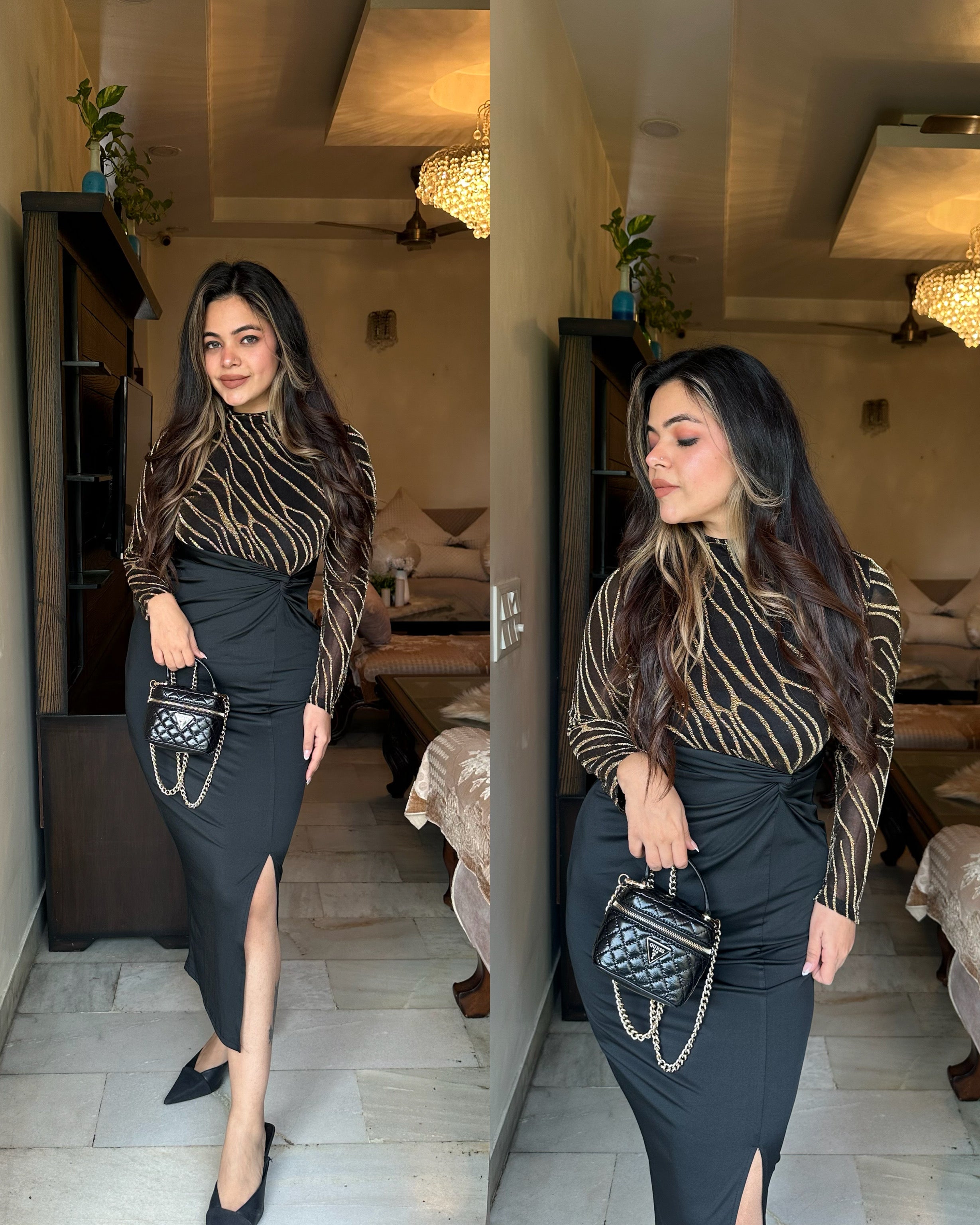 Gold black glitter yoke drape dress – SRISHTI