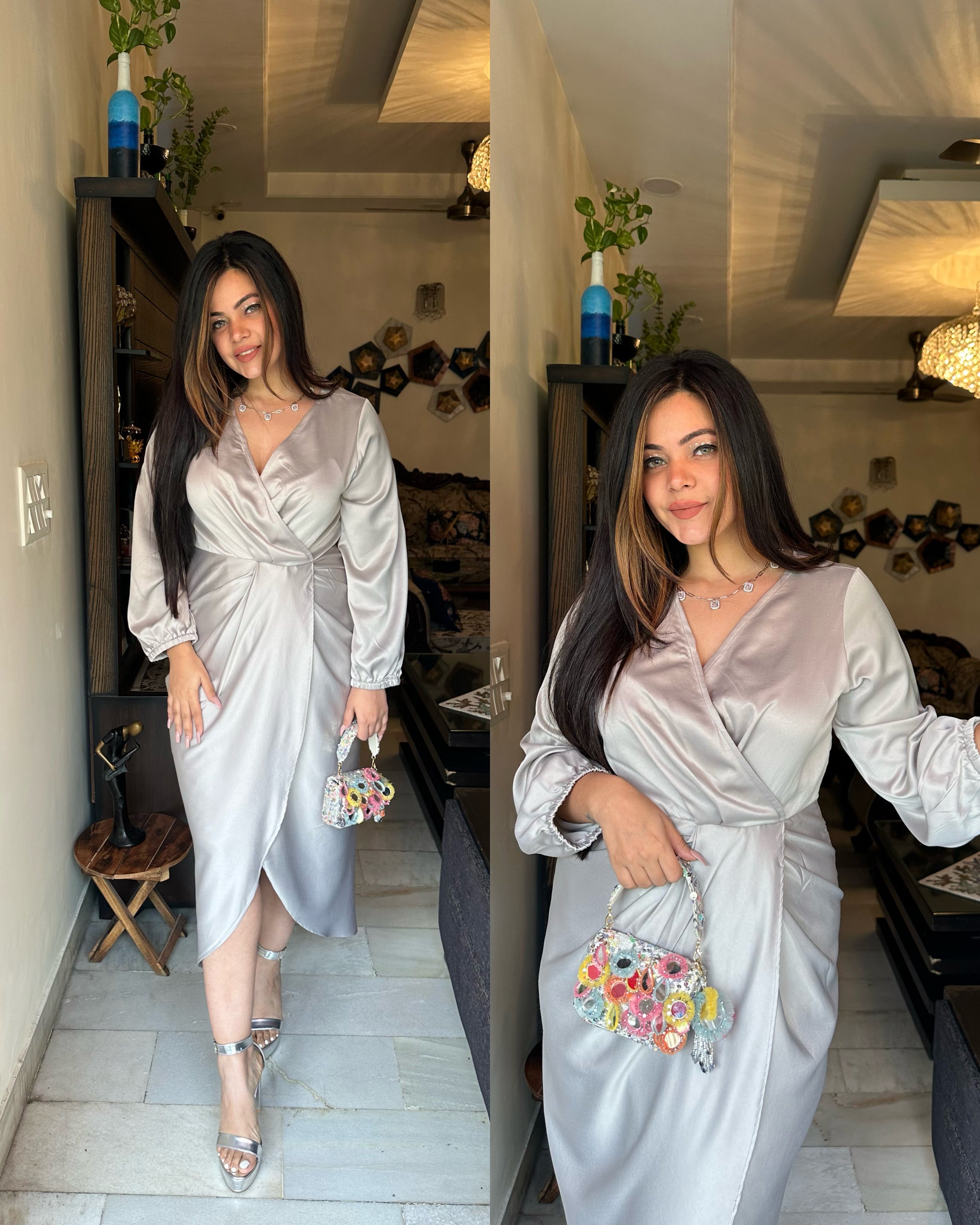 Silverish grey satin drape dress – SRISHTI