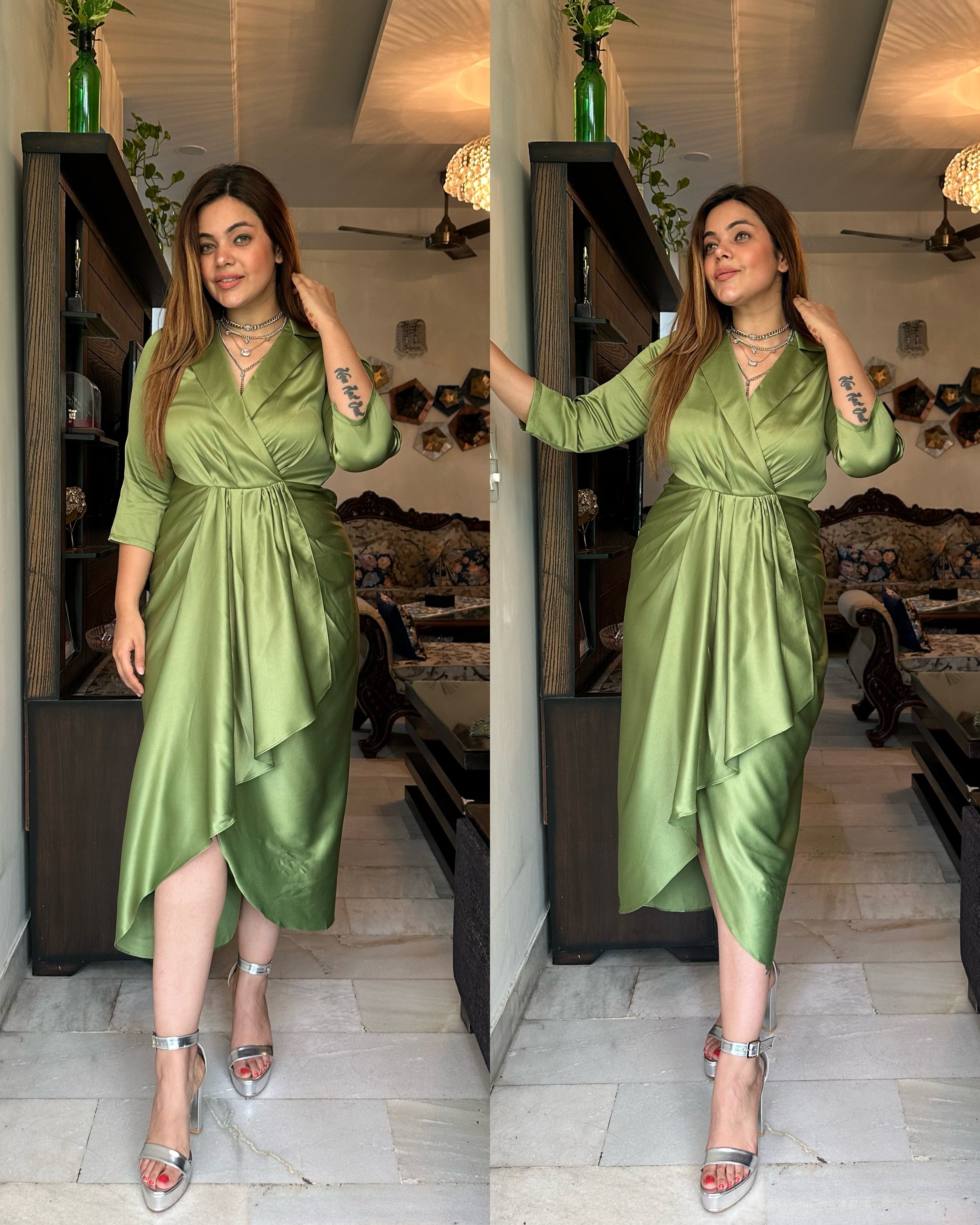 Green satin drape dress – SRISHTI
