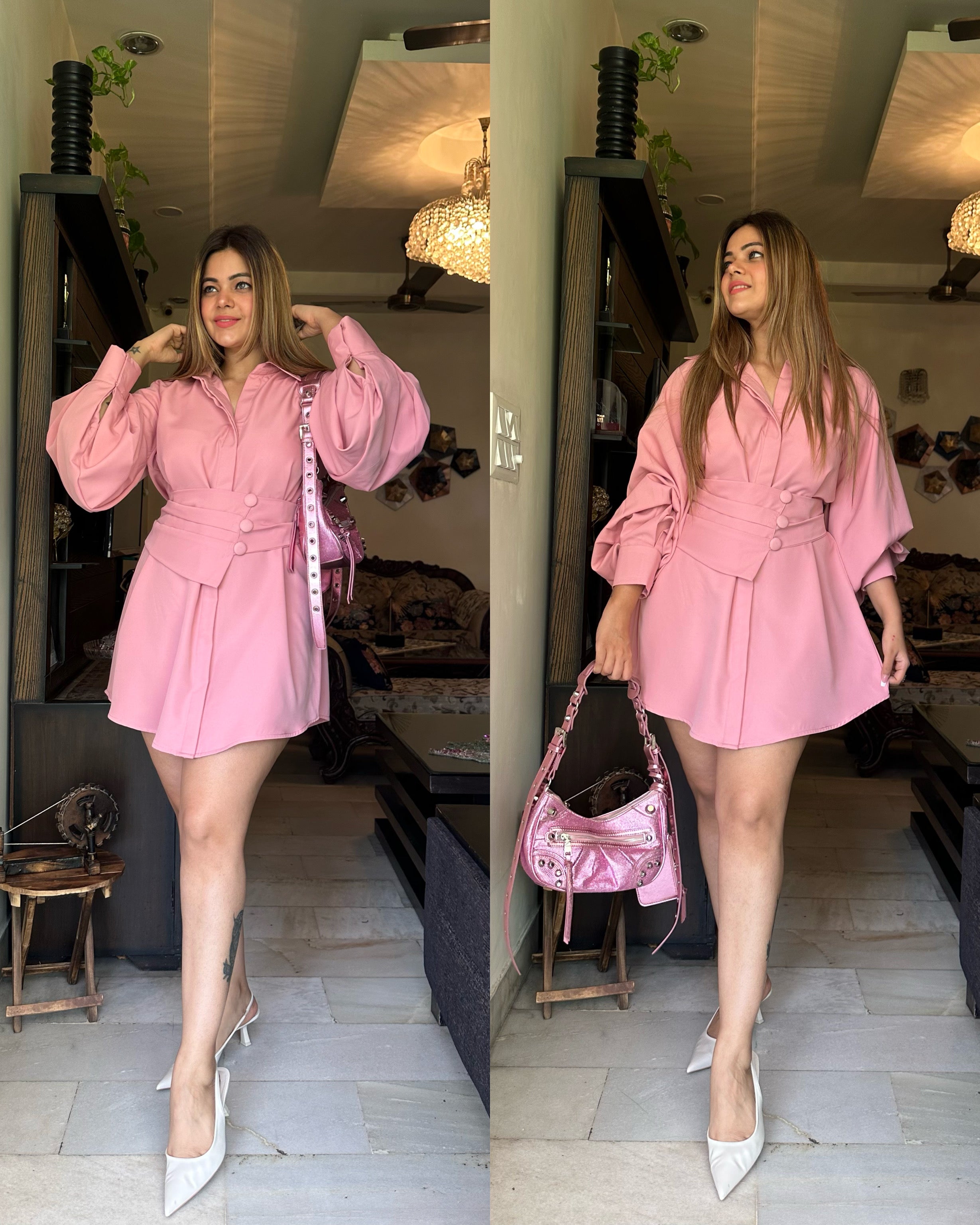 Blush pink shirt dress with belt – SRISHTI