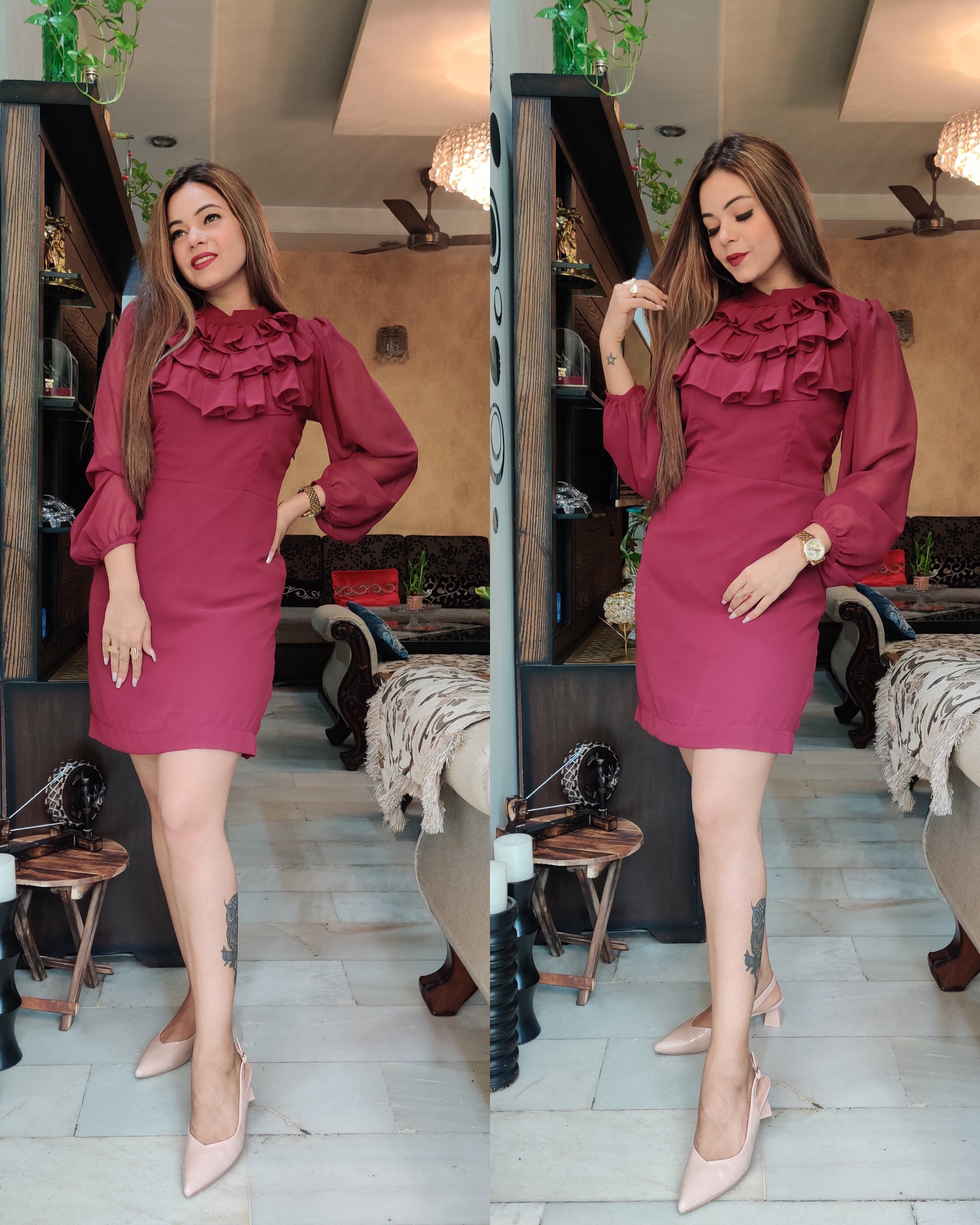Ruffled neck wine dress – SRISHTI