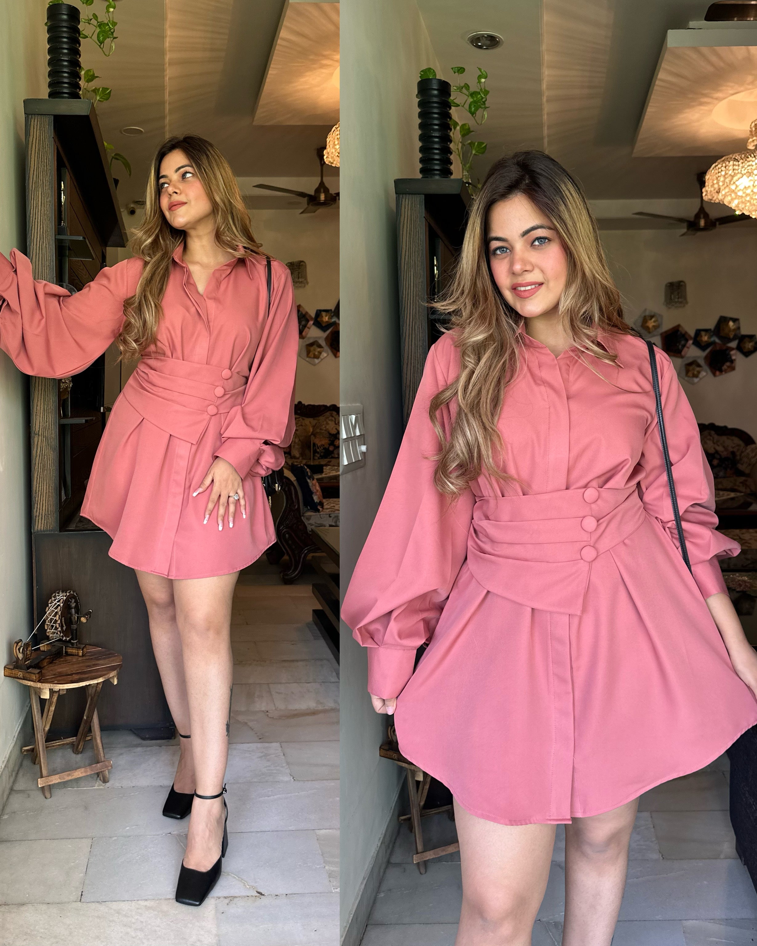 Salmon shirt dress with belt – SRISHTI